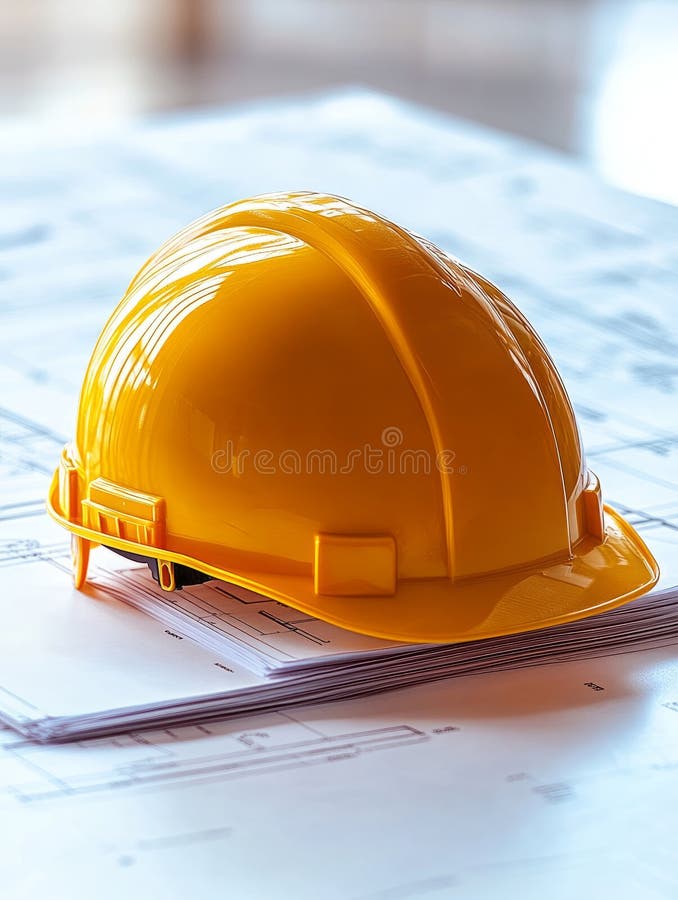 Yellow Hardhat on Blueprints in Construction Setting. Stock Image ...