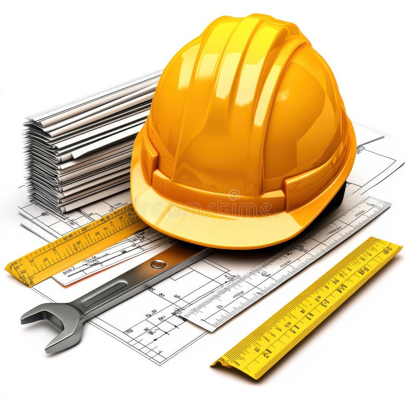 Yellow Hardhat Blueprints Ruler Wrench Construction Project Stock ...