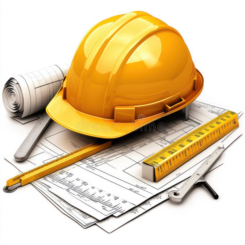 Yellow Hardhat Blueprints Tools Construction Planning Engineering Stock ...