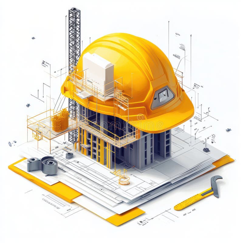 Yellow Hardhat Construction Building Plans Blueprint Isometric Stock ...
