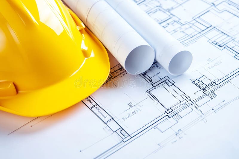 Yellow Hardhat and Rolled Up Blueprints Resting on Construction Plans ...