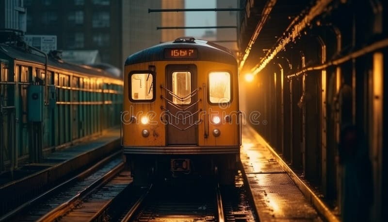 Yellow Headlights Illuminate Modern Subway Train at Dusk Generated by ...