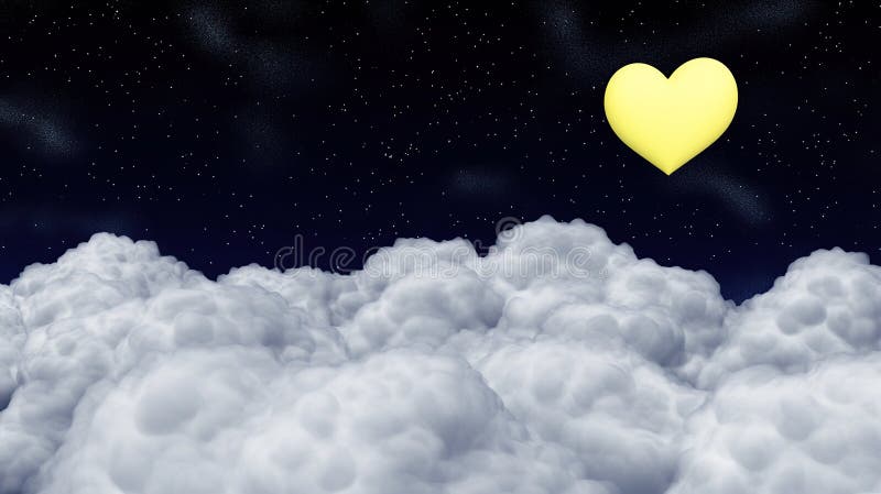 Yellow Heart Floats Above Clouds, Night Sky Background, Romantic Design ...
