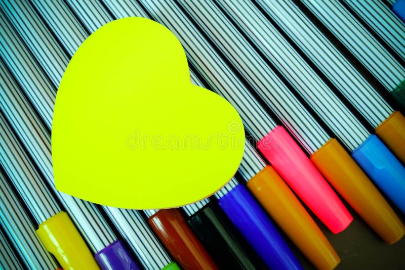 Yellow Heart Paper on Color Pens Stock Image - Image of orange, office ...