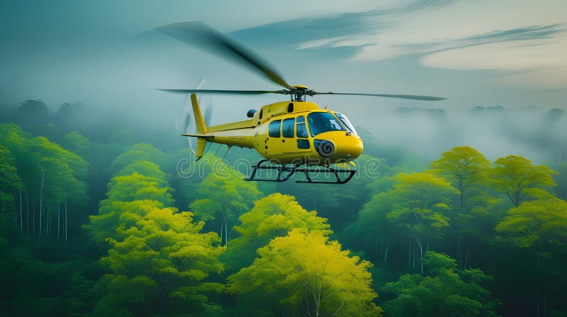 A Yellow Helicopter is Flying in the Forest. 3D Rendering. Stock ...
