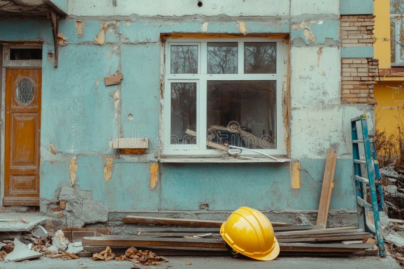 Generative Ai, Yellow Helmet in Front of House Building Project, Safety ...