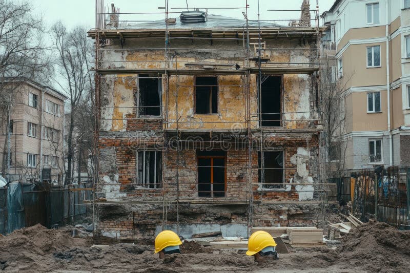 Generative Ai, Yellow Helmet in Front of House Building Project, Safety ...