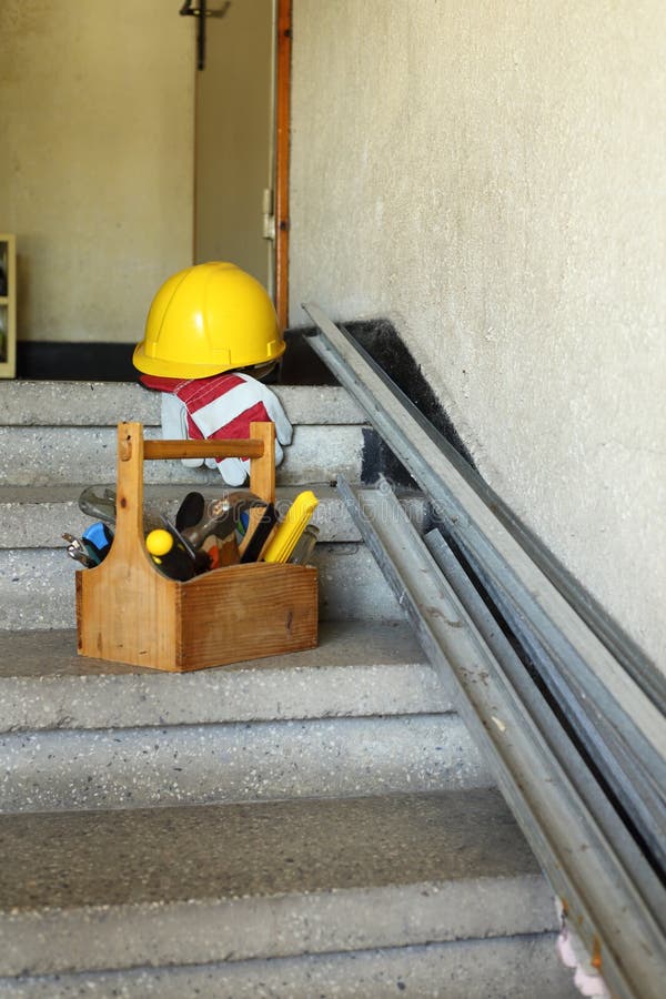 Yellow helmet and toolbox stock image. Image of tools - 257113397
