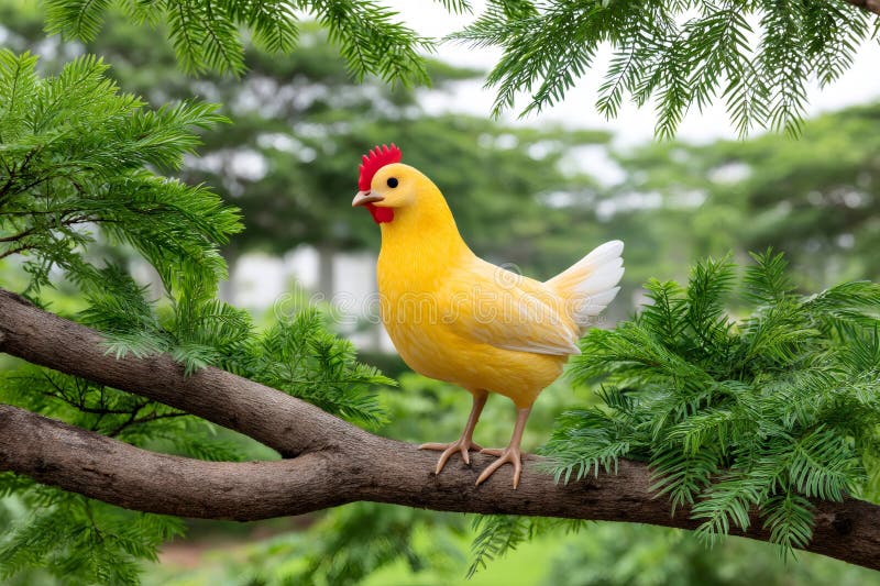 Yellow Hen Standing on a Tree Branch in a Green Park Stock Illustration ...