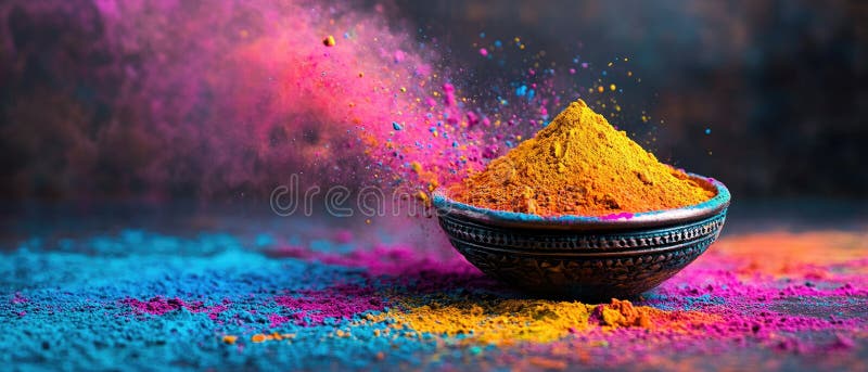 "VIBRANT YELLOW HOLI POWDER in a BOWL with PINK and BLUE ACCENTS" Stock ...