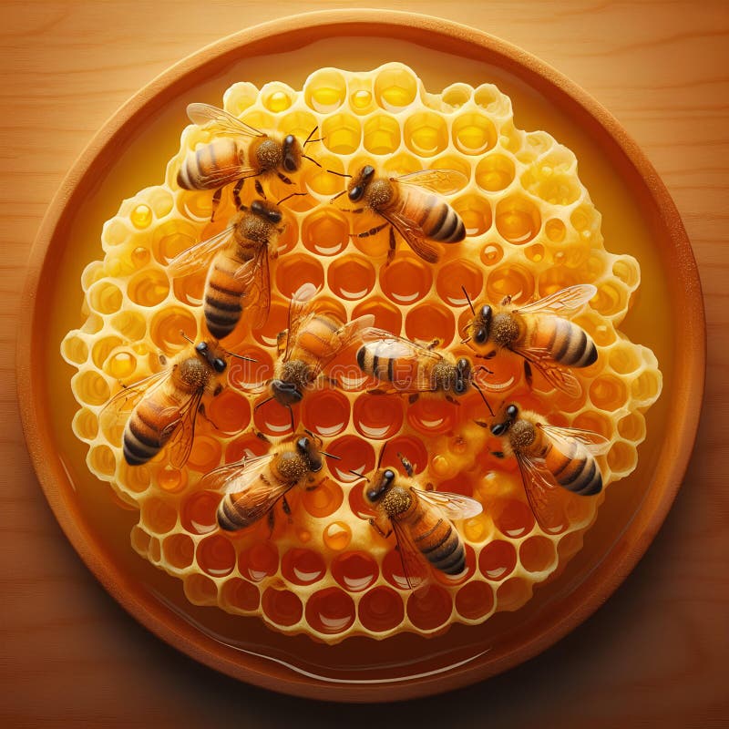 Yellow Honey Cells with Five Bees on Them Top View Stock Illustration ...
