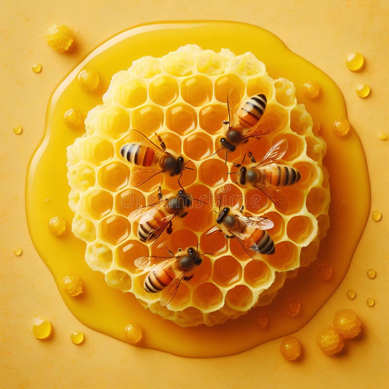 Yellow Honey Cells with Five Bees on Them Top View Stock Illustration ...