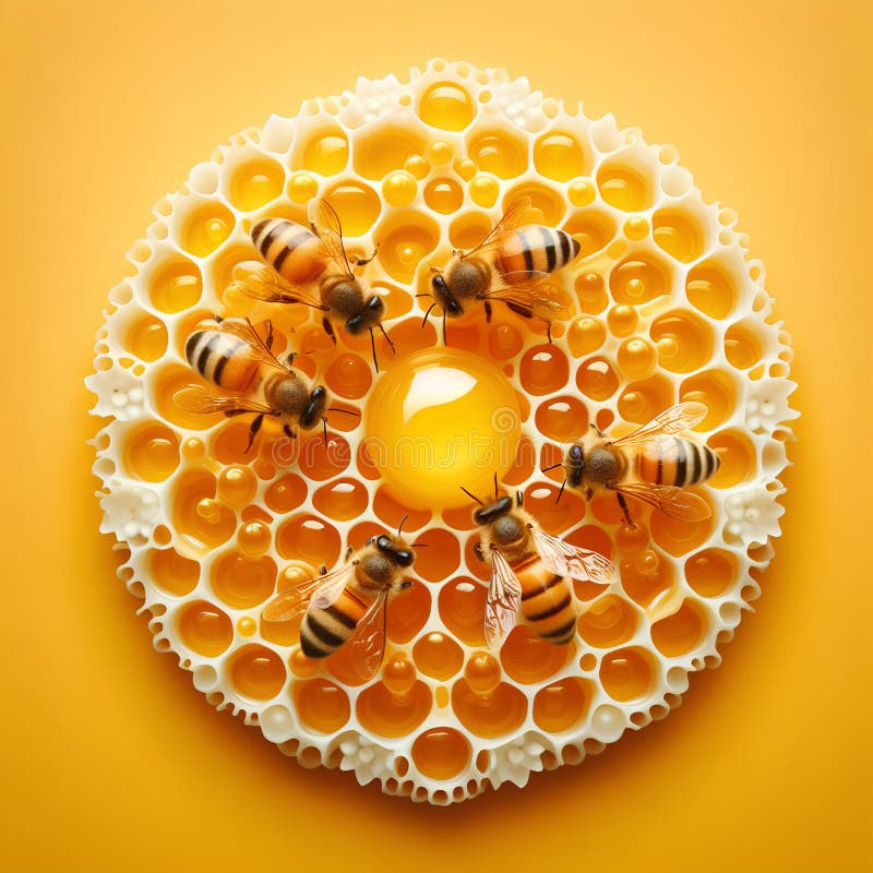 Yellow Honey Cells with Five Bees on Them Top View Stock Illustration ...