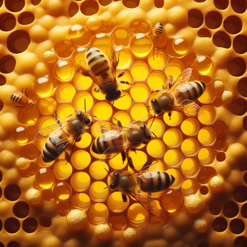 Yellow Honey Cells with Five Bees on Them Top View Stock Illustration ...