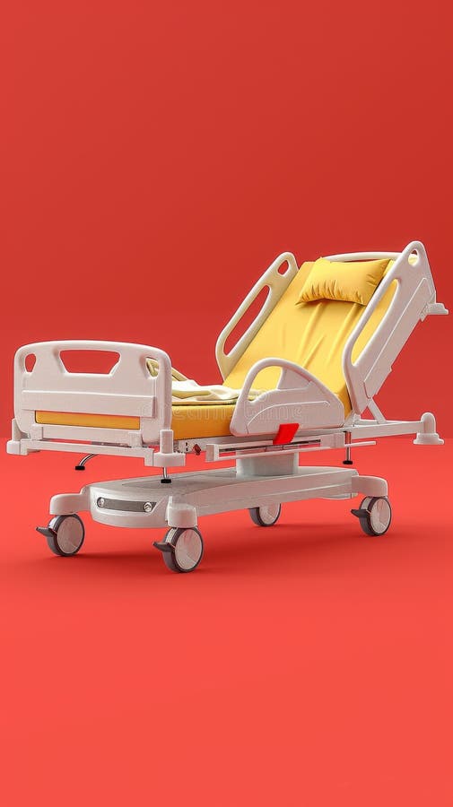 A Yellow Hospital Bed with a White Frame and Wheels Sits on a Red ...