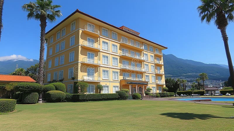 Yellow Hotel with Lush Landscaping and Mountain Backdrop Stock ...