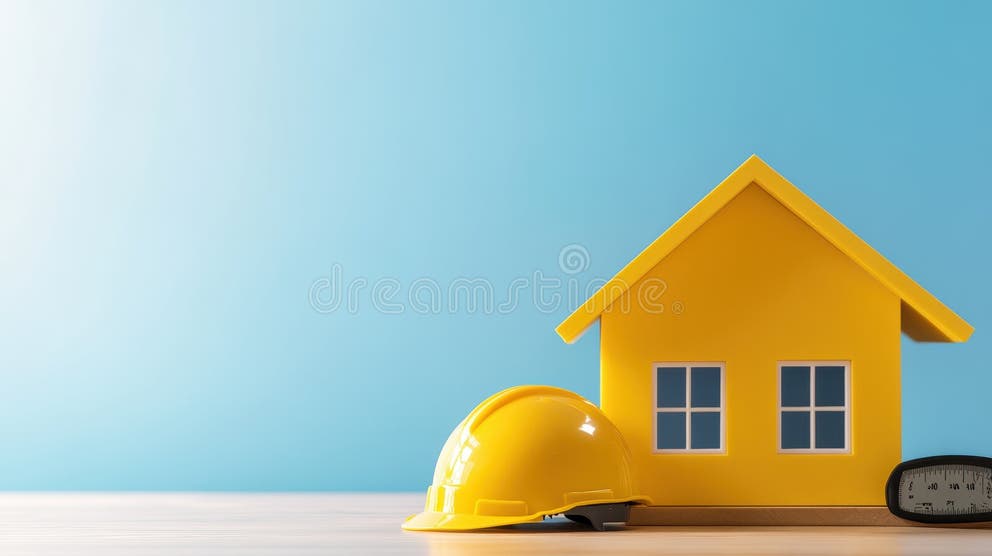 Yellow House Construction, Hard Hat and Clock Symbolize Timely Project ...