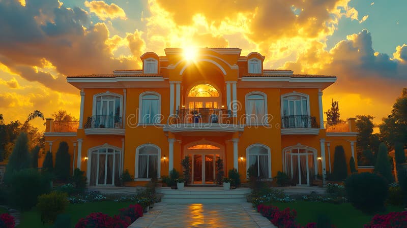 Yellow House with a Golden Sunset 3D Illustration Stock Illustration ...