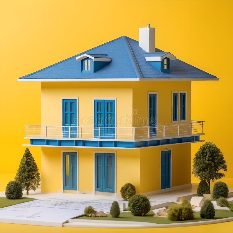 Yellow House Model on Blueprint. Stock Illustration - Illustration of ...