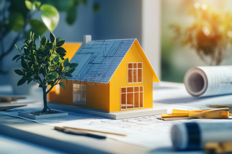 Yellow House Model Sitting on Architectural Plans with Small Tree and ...