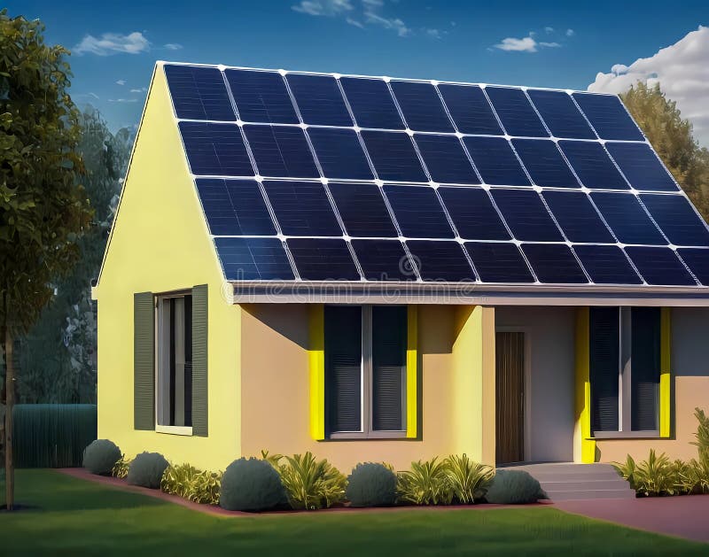 A Yellow House with a Solar Panel on the Roof Stock Illustration ...