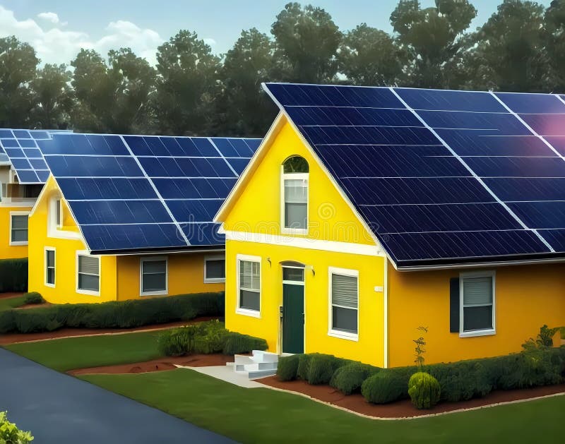 A Yellow House with a Solar Panel on the Roof Stock Illustration ...
