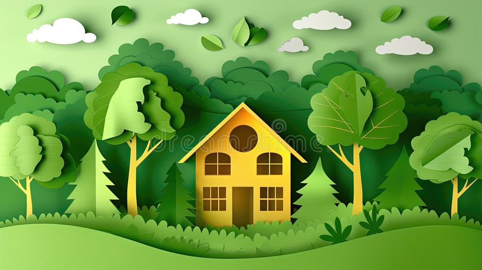 A Yellow House is Surrounded by Trees and Grass Stock Photo - Image of ...