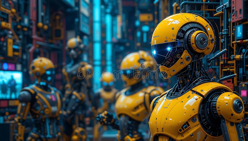Yellow Humanoid Robots in a Neon-lit, High-tech Environment. AI Robots ...