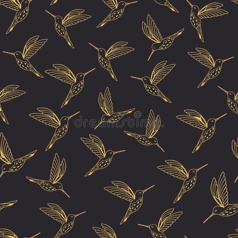 Yellow Hummingbird Outline on Dark Grey Background. Hand Drawn Seamless ...