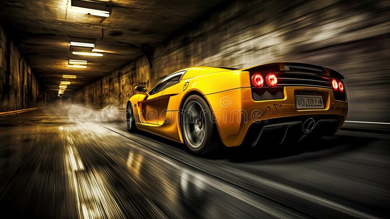 Gold Hypercar Moves at High Speed in a Tunnel Stock Illustration ...
