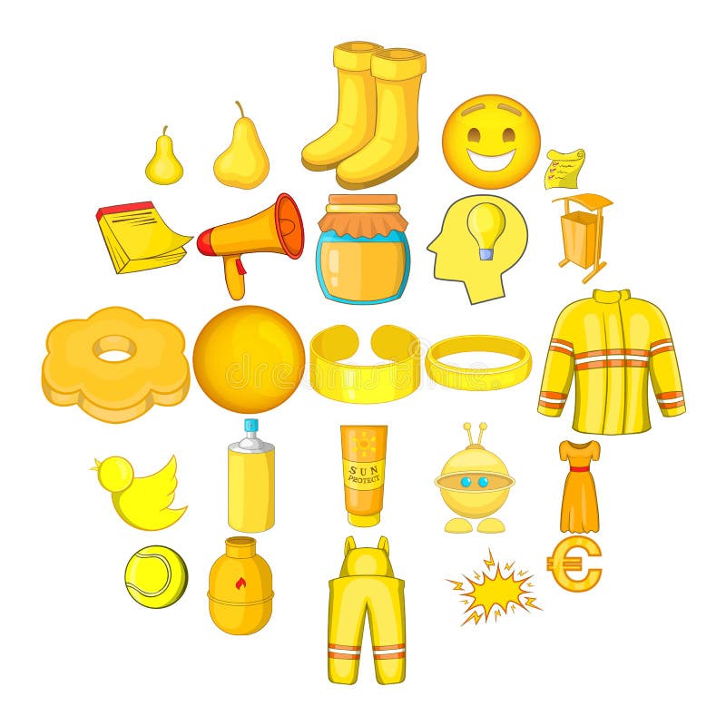 Yellow Icons Set, Cartoon Style Stock Vector - Illustration of male ...