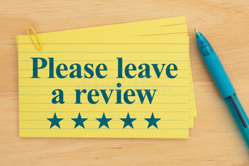 Yellow Index Cards with Please Leave a Review Text and Blue Pen Stock ...