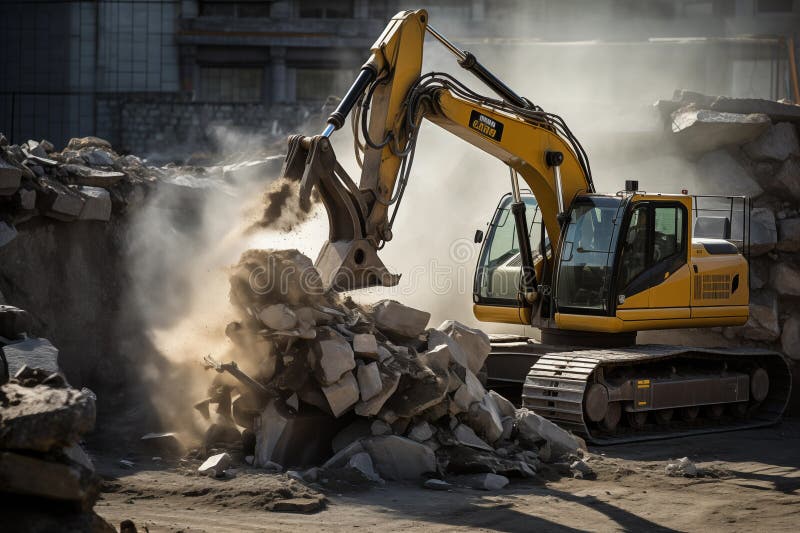 Excavator Breaking Rock and Concrete on Construction Site. Generative ...