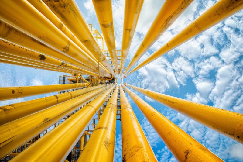 Yellow Industrial Pipeline System Under Blue Sky with Clouds, Concept ...