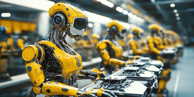 Yellow Industrial Robots Work Systematically on an Assembly Line ...