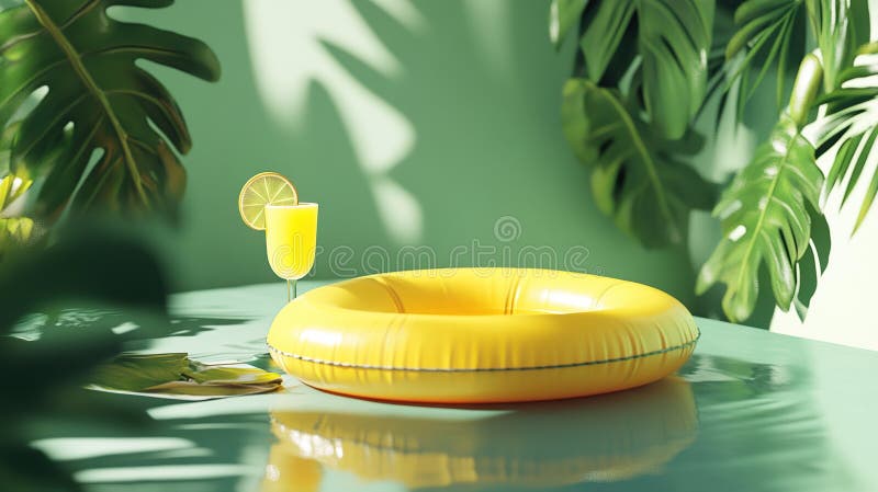 Yellow Inflatable Ring and Cocktail by Pool Stock Illustration ...