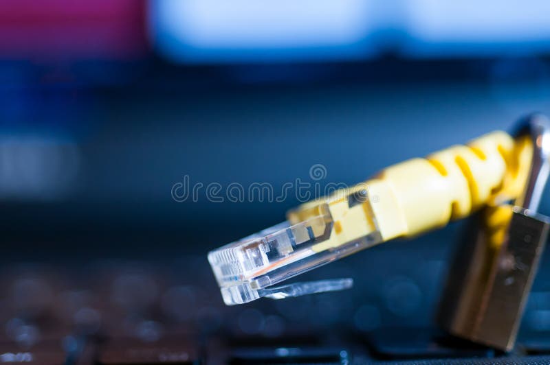 Yellow Internet Cable with a Padlock Close Up Shot, Conceptual Internet ...