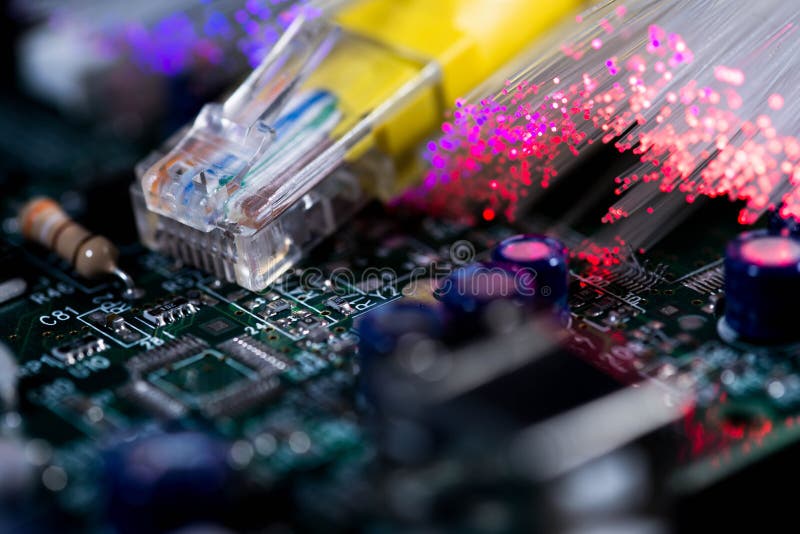 Yellow Internet Switch on Computer Circuit Board , Glowing Optical ...