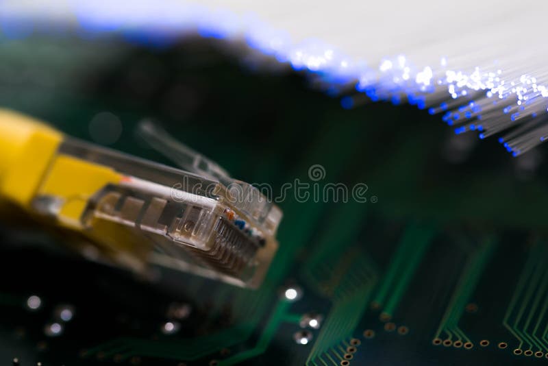 Yellow Internet Switch on Computer Circuit Board, Glowing Optical ...