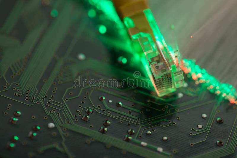 Yellow Internet Switch, Glowing Optical Fibres on Computer Circuit ...