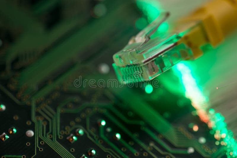 Yellow Internet Switch, Glowing Optical Fibres on Computer Circuit ...
