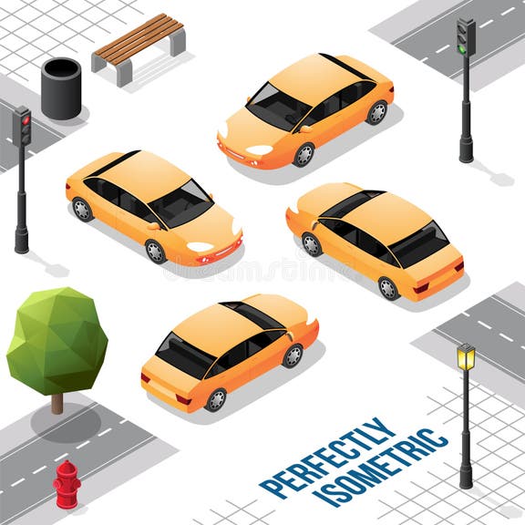 Yellow Isometric Car from Front Back Right and Left Stock Vector ...