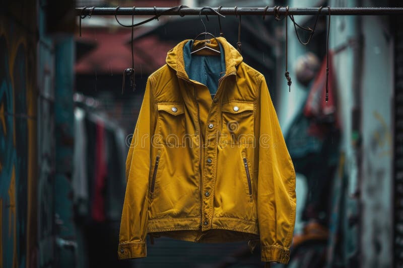 A Yellow Jacket Hangs from a Clothes Rack, Waiting To Be Worn Stock ...