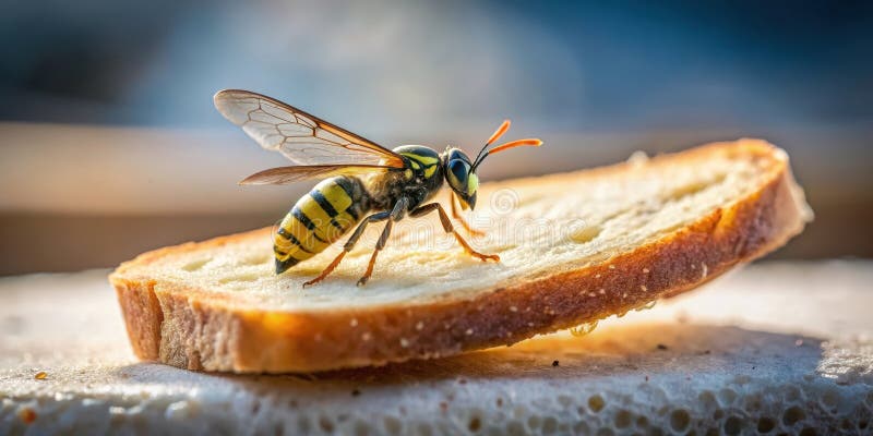 A Yellow Jacket Wasp Perched on a Slice of Bread, Illuminated by ...