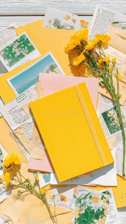Yellow Journal among Floral Pages and Yellow Flowers on Bright Surface ...
