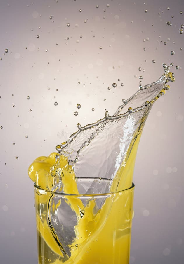 Yellow Juice Splashing in Glass on Grey Background Stock Illustration ...