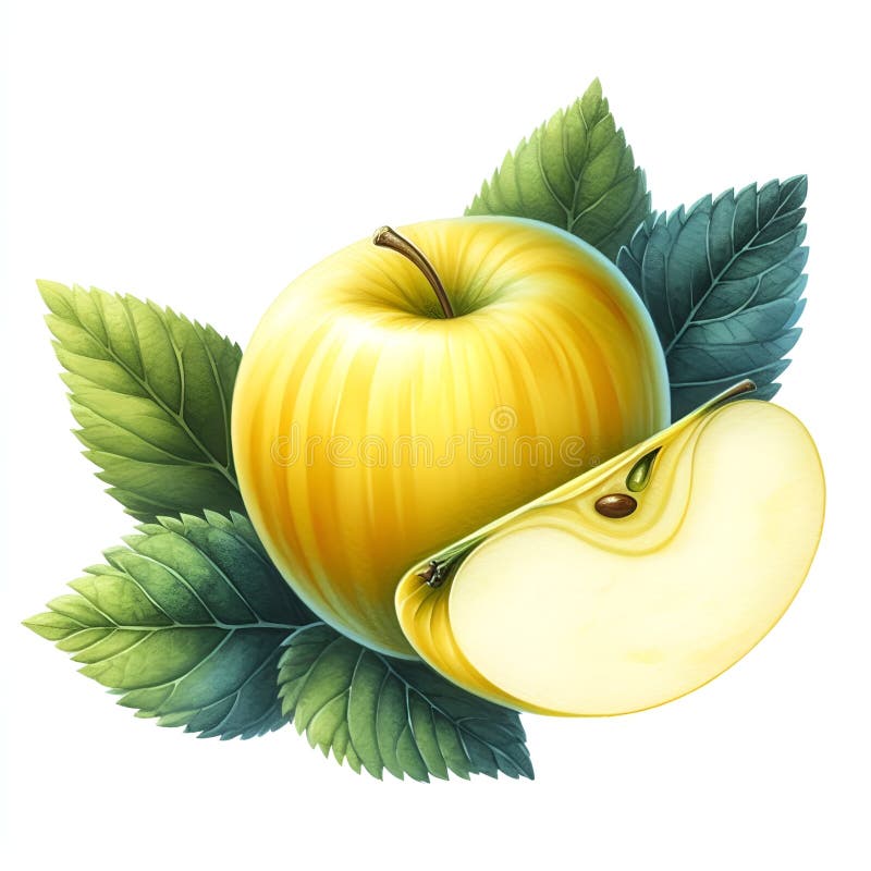 Yellow Juicy Apple Fruit with Leaf Watercolor Paint Stock Illustration ...