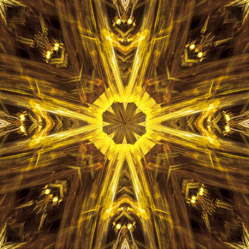 Yellow Kaleidoscopic Psychedelic Pattern. Abstract Symmetric Luminous ...
