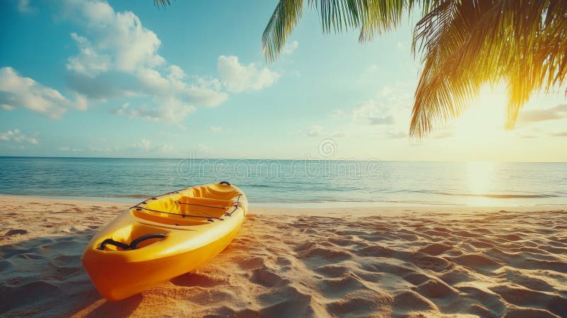 Yellow Kayak on Sandy Beach at Sunset Stock Illustration - Illustration ...
