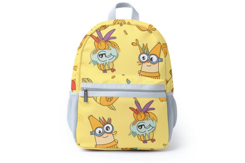 Yellow Kids Backpack with Cartoon Motifs, Front View, White Space Stock ...